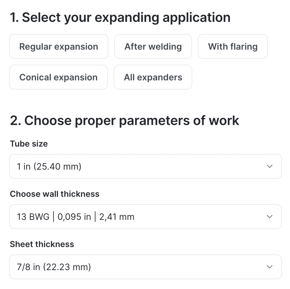 KRAIS Selector - Expanders search tool - KRAIS Tube Expanders
